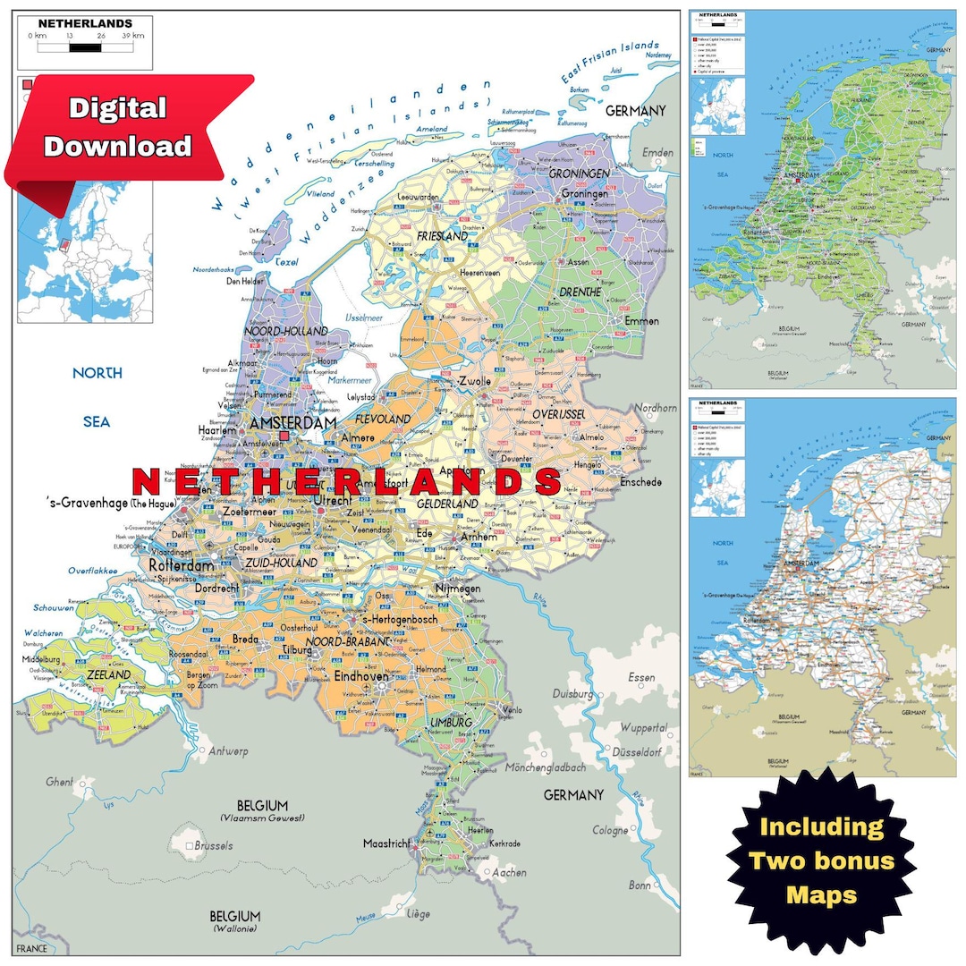 Printable Netherlands Political Map + Topography & Roads - Etsy
