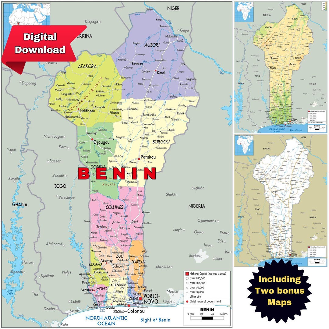 BENIN Printable Map Kit: Political, Topography & Road Maps (instant ...