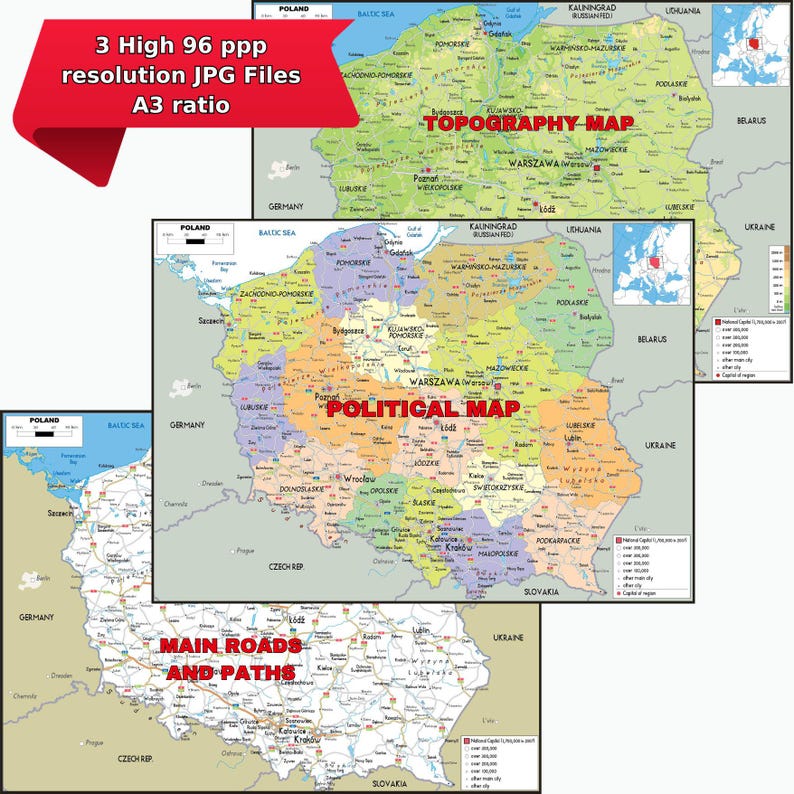 Printable Poland Map Set Political, Topographic & Roads - Etsy