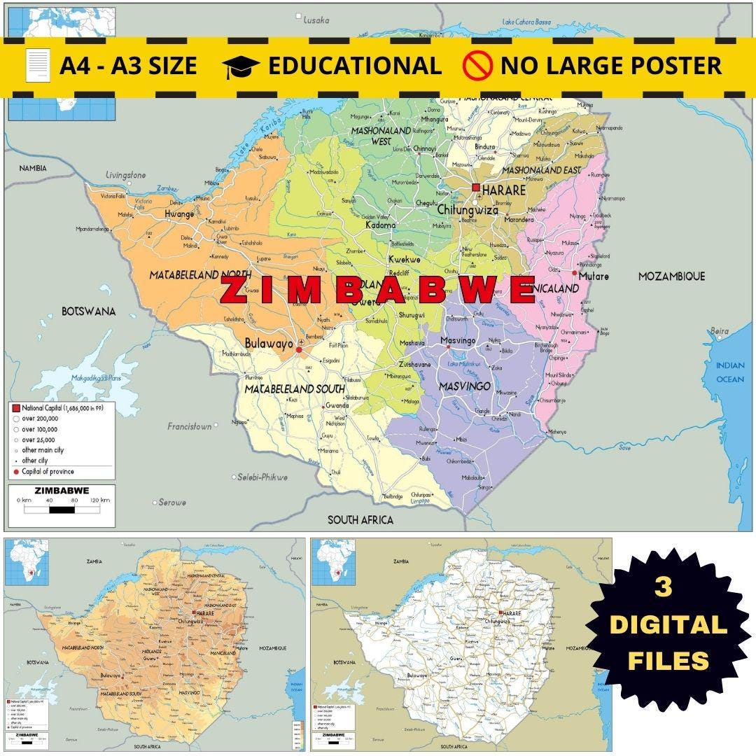 Zimbabwe Map Set: Political, Physical & Road Network (printable Digital ...
