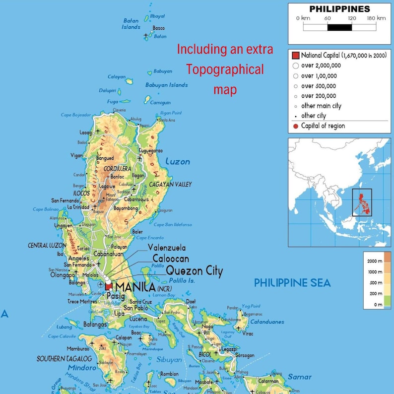 Map of Philippines Political, Topography & Roads - Etsy