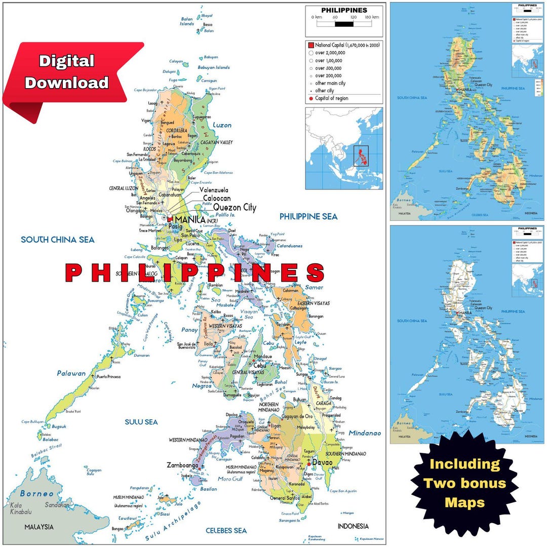 Map of Philippines Political, Topography & Roads - Etsy