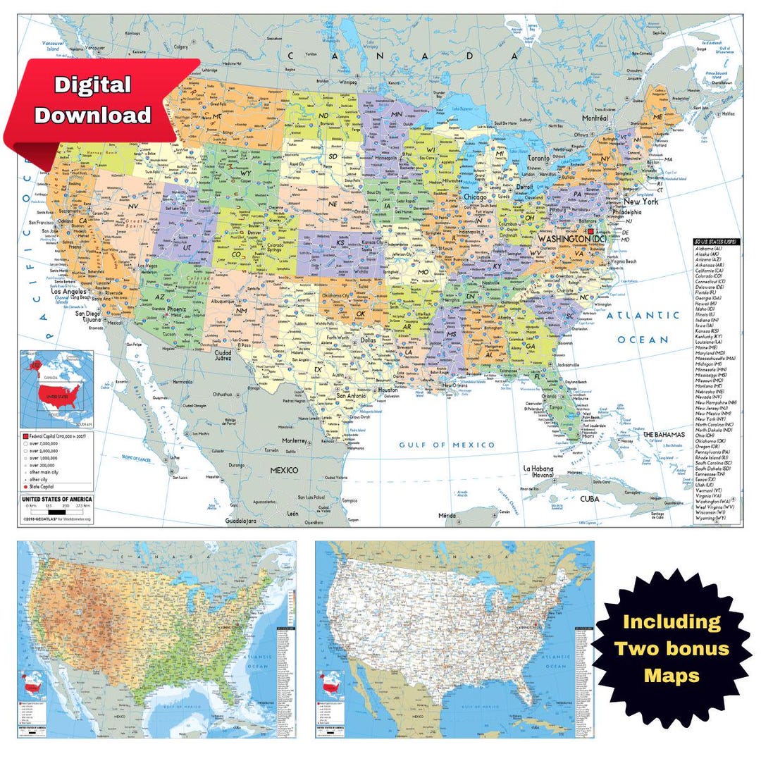Printable USA Political Map Downloadable Colorful Poster With All 50 ...