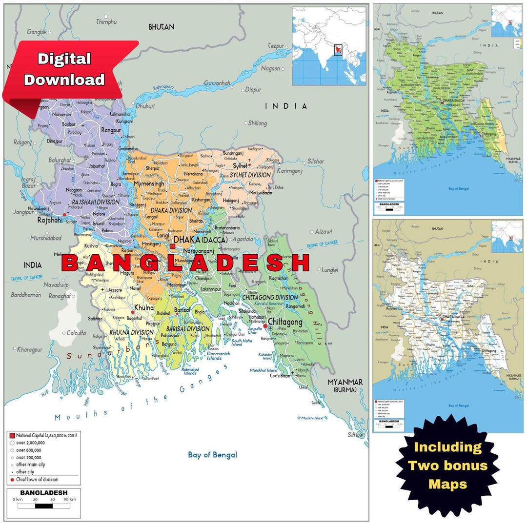 Detailed Maps of Bangladesh Political, Topography and Roads - Etsy