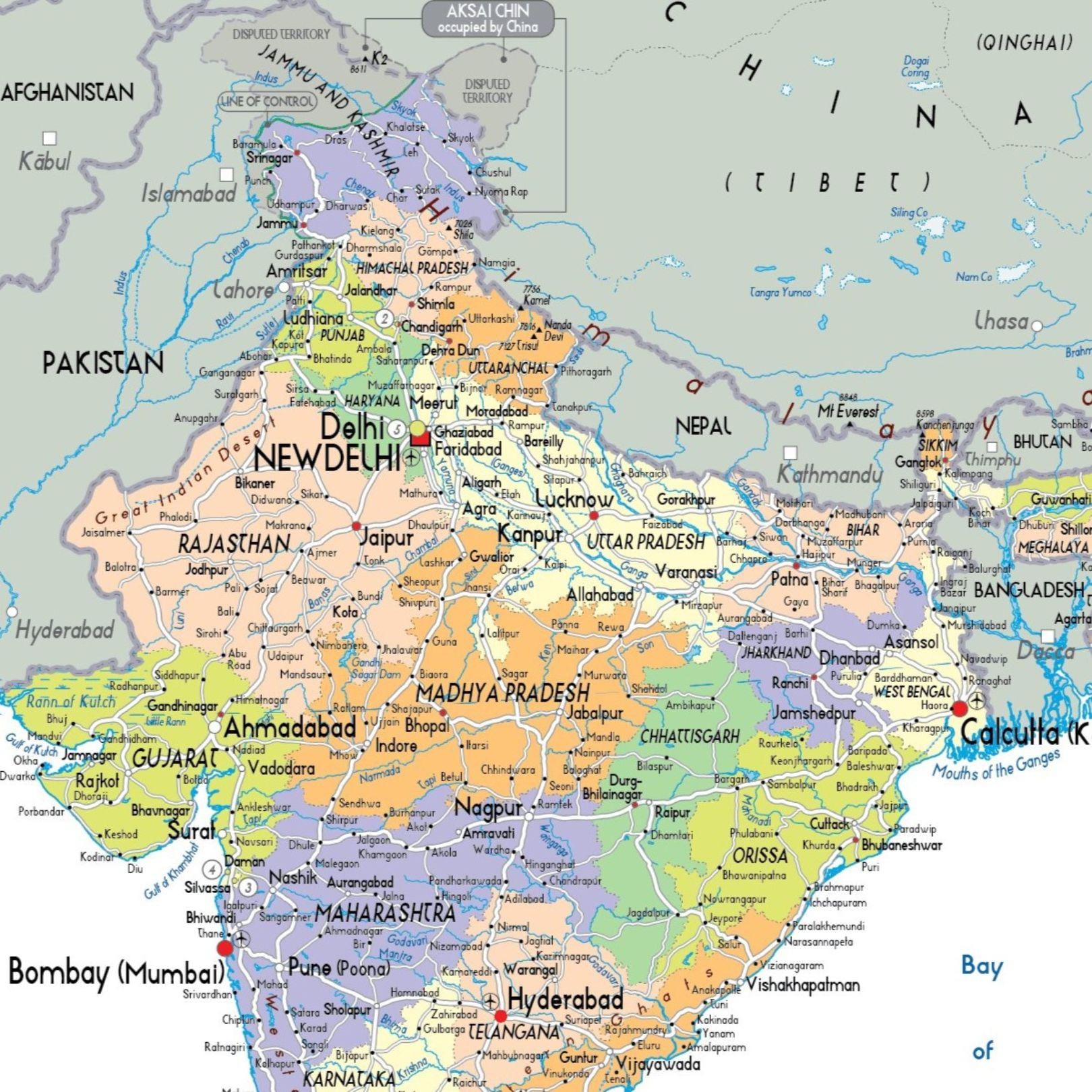 Detailed Printable INDIA Map Political, Topography & Roads A3 Format ...