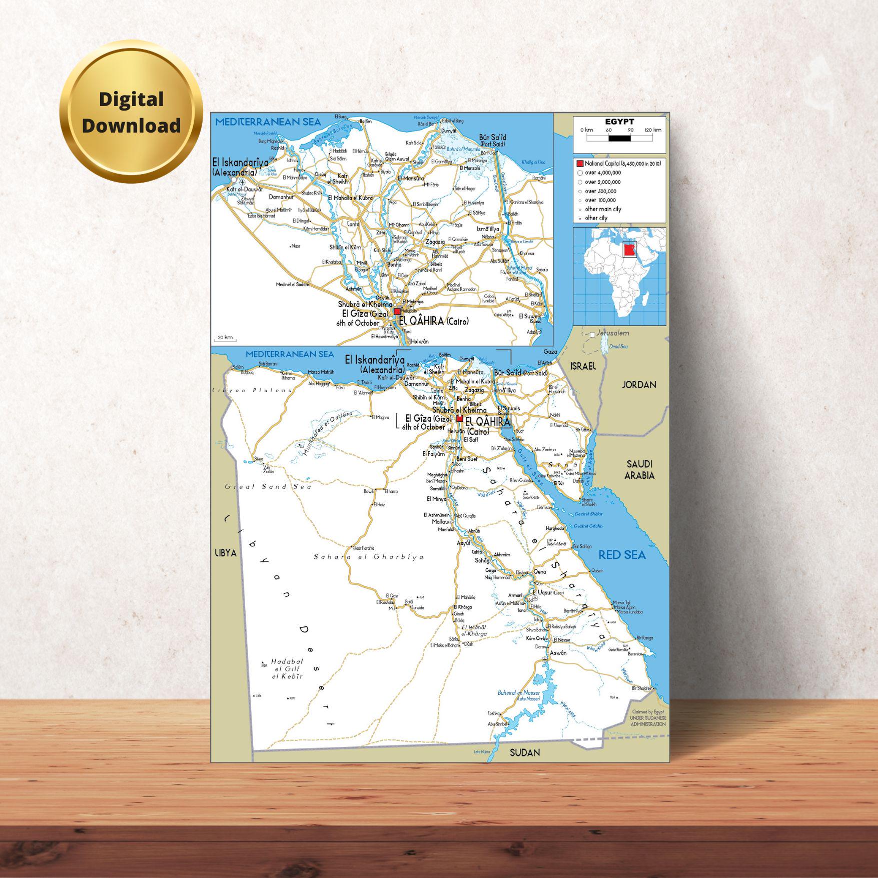 Printable Egypt Political Map + 2 Bonus Road & Topography, JPG Files A3 ...