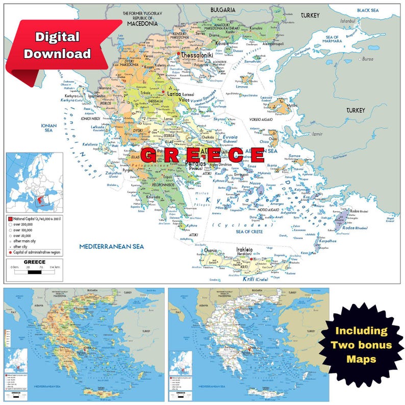 Printable GREECE Political Map + Bonus Topography & Road Poster A3 Size ...