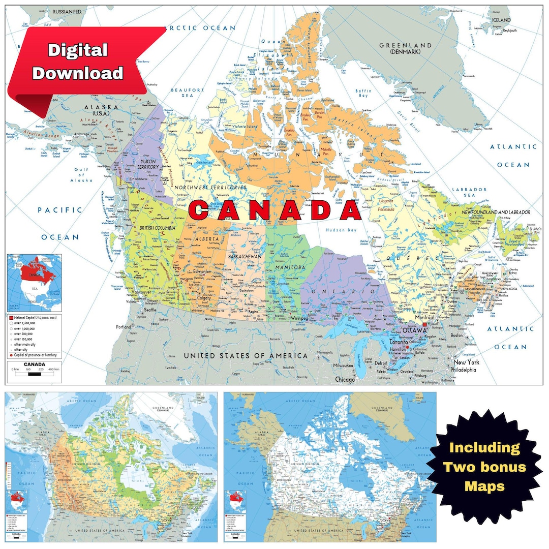 Detailed CANADA Political Map Printable Poster Set of 3 Topography ...