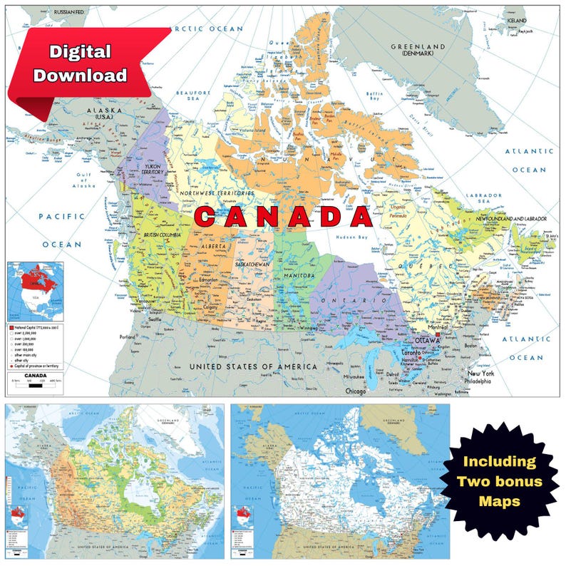 Buy Detailed CANADA Political Map Printable Poster Set of 3 Topography ...