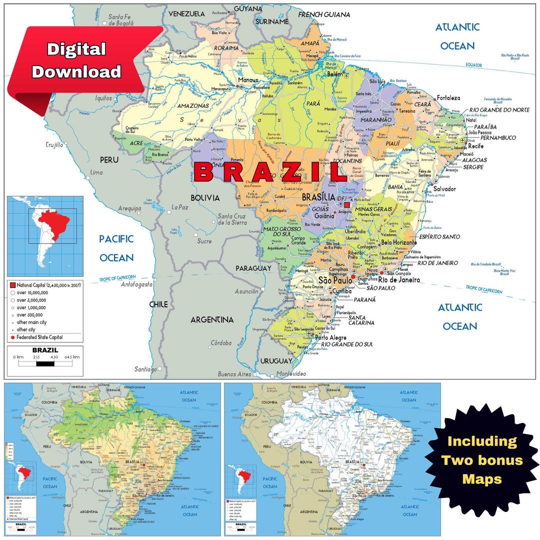 Printable BRAZIL Political Map + Topography & Roads - Etsy