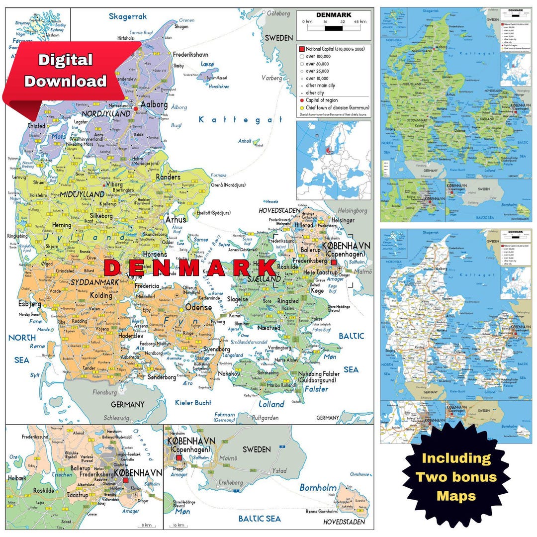 Detailed DENMARK Map Political, Topography & Main Road Digital Download ...