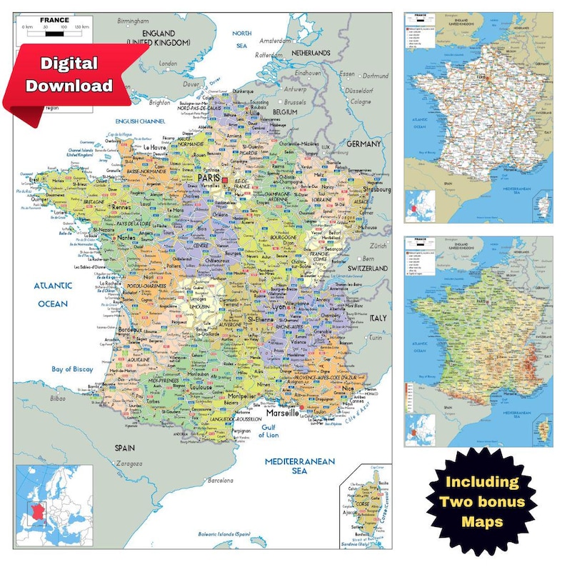 France Printable Political Map Detailed DIGITAL Mapping With Cities ...