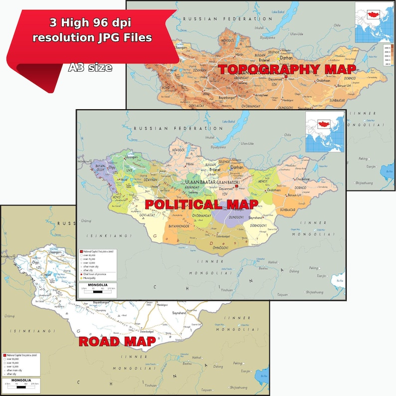 Mongolia Map Set: Political, Physical & Road Network (Printable A3 ...