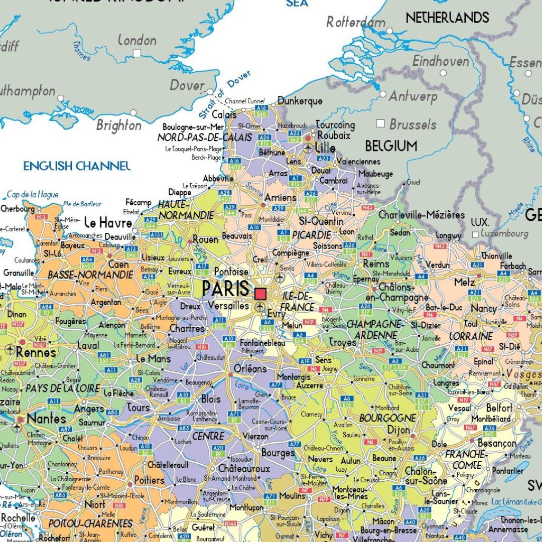 France Printable Political Map Detailed DIGITAL Mapping With Cities ...