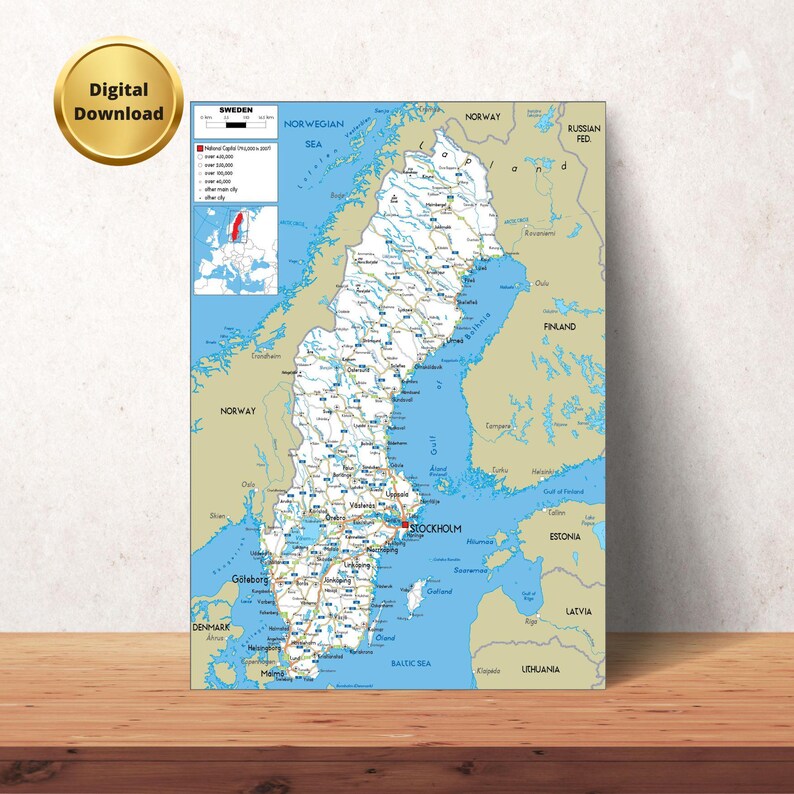 Printable SWEDEN Political Map + 2 Bonus Roads & Topographical - Etsy
