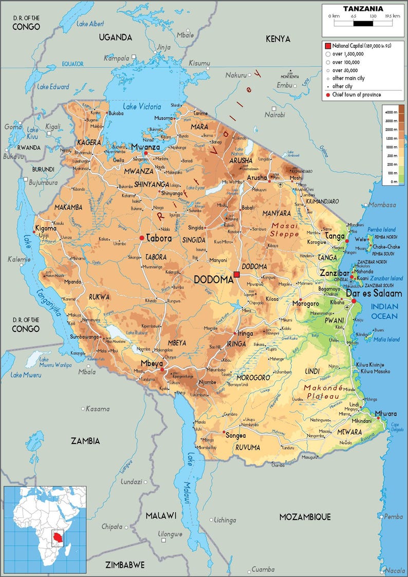 Printable Tanzania Political Map + Topography & Roads - Etsy