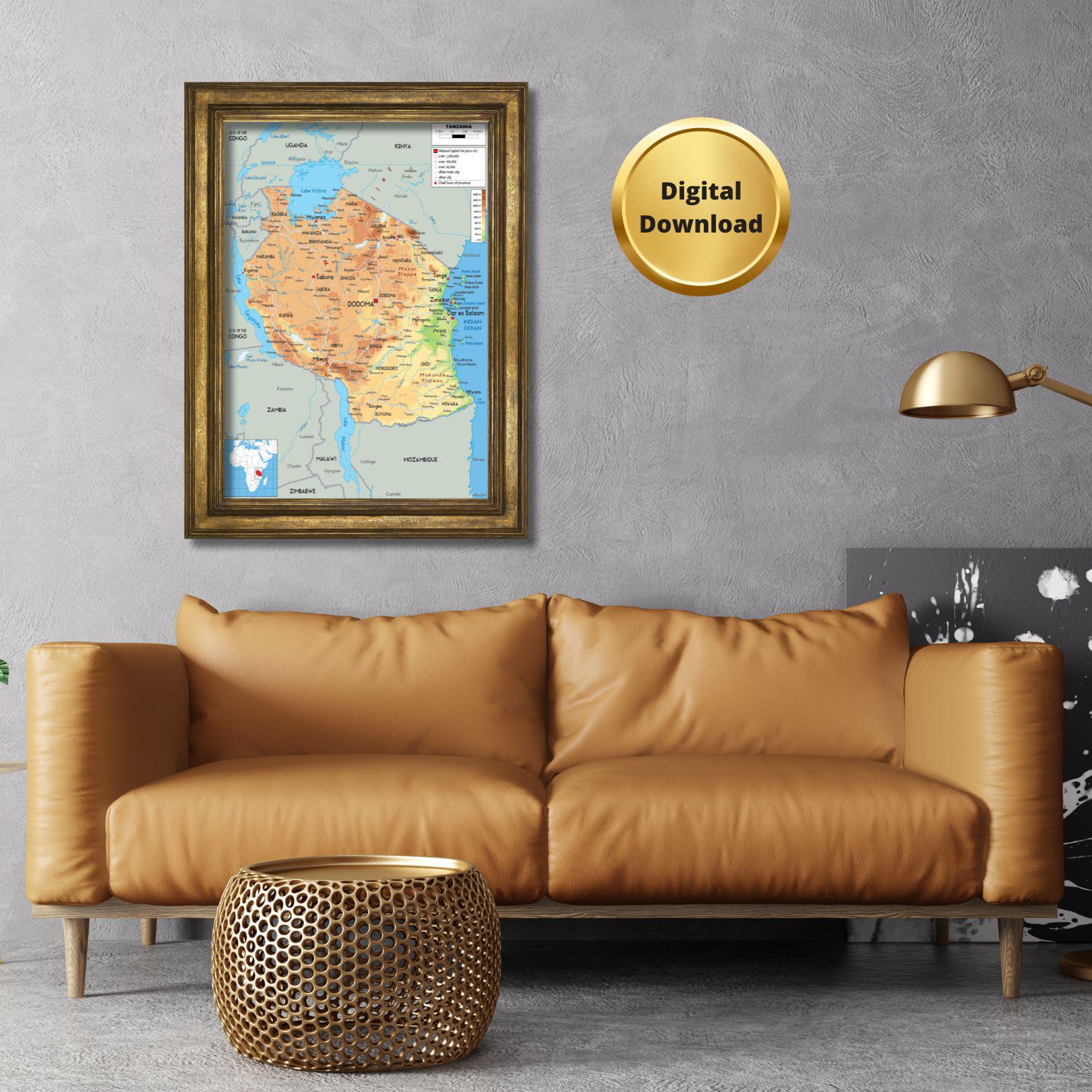 Printable Tanzania Political Map + Topography & Roads - Etsy UK