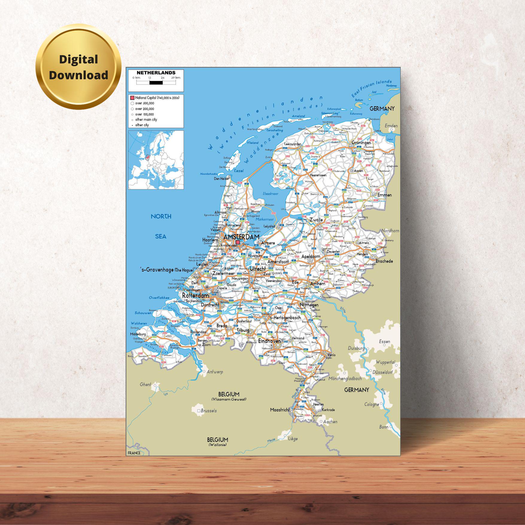 Printable Netherlands Political Map + Topography & Roads - Etsy