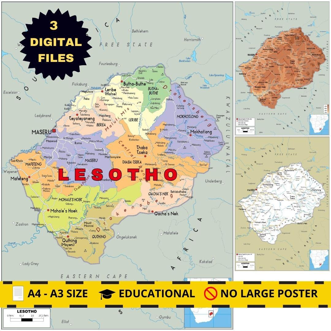 Lesotho Maps: Political, Physical & Road (printable) - Etsy