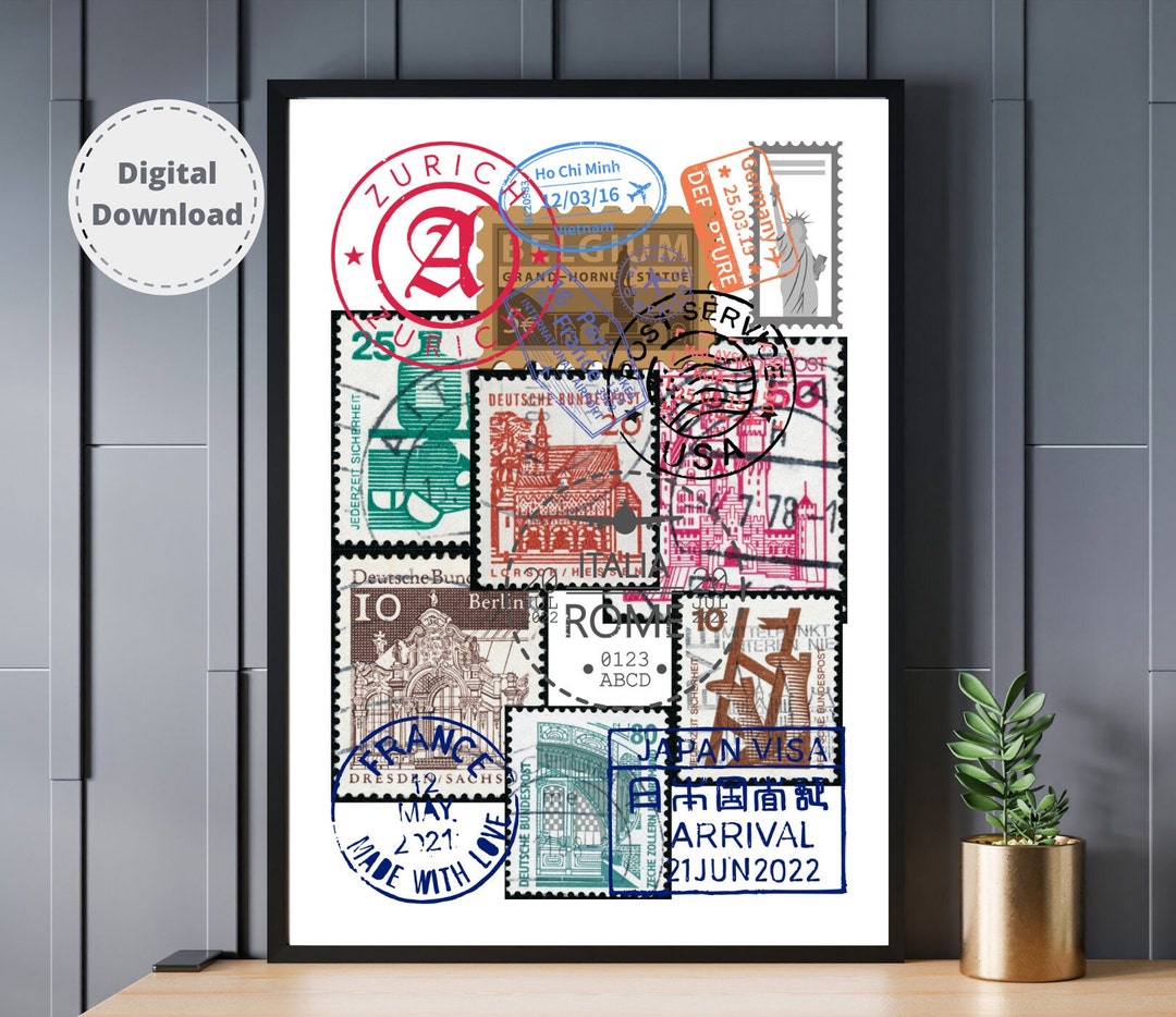 Passport Stamps Poster, Travel Decor, Stamp Collection Wall Art, Travel ...