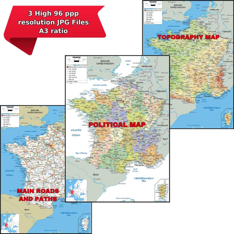 France Printable Political Map Detailed DIGITAL Mapping With Cities ...