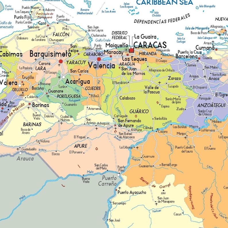 Venezuela Map Set: Political, Physical & Road Network (printable ...
