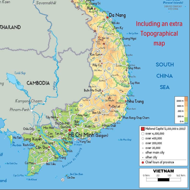 Printable VIETNAM Political Map Digital Download and 2 Bonus Topography & Roads for School ...
