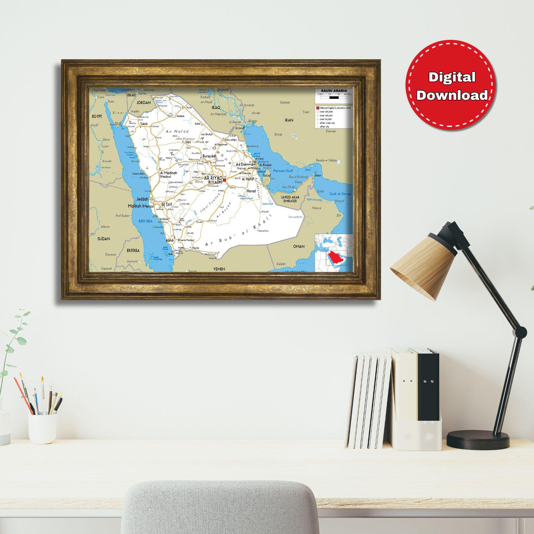 Printable SAUDI ARABIA Political Map (2 Bonus: Topography & Roads) - Etsy
