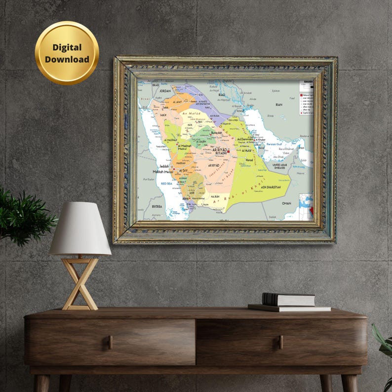 Printable SAUDI ARABIA Political Map (2 Bonus: Topography & Roads) - Etsy
