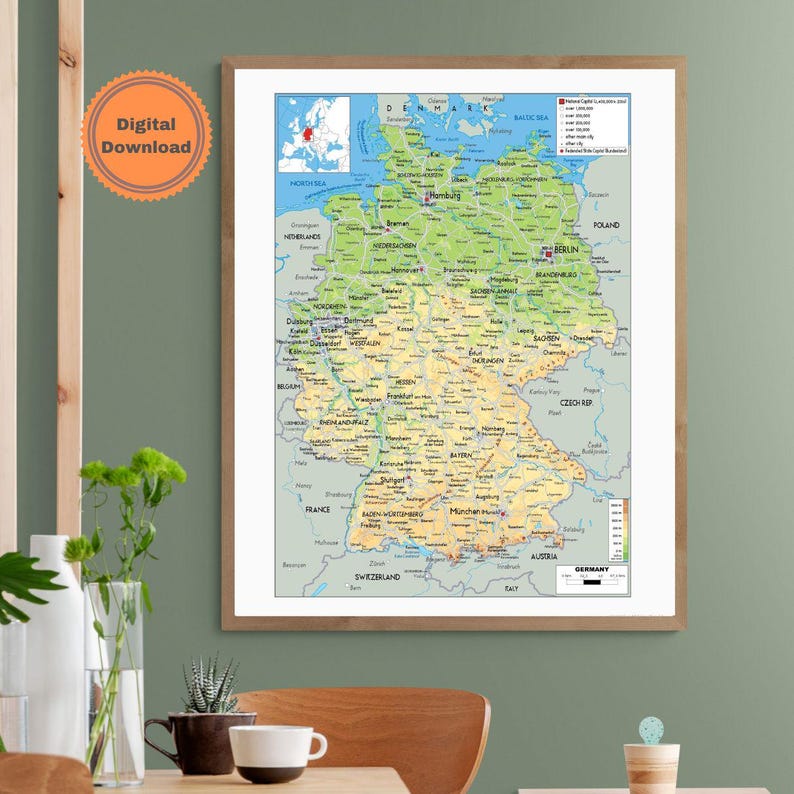 Germany Printable Political Map Detailed DIGITAL Mapping with Cities ...