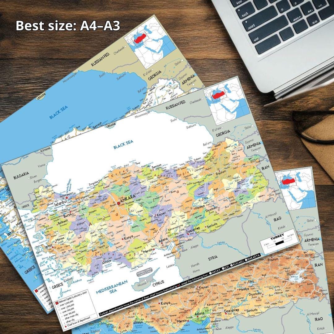 Printable TURKEY Political Map and 2 Bonus Topography & Roads - Etsy