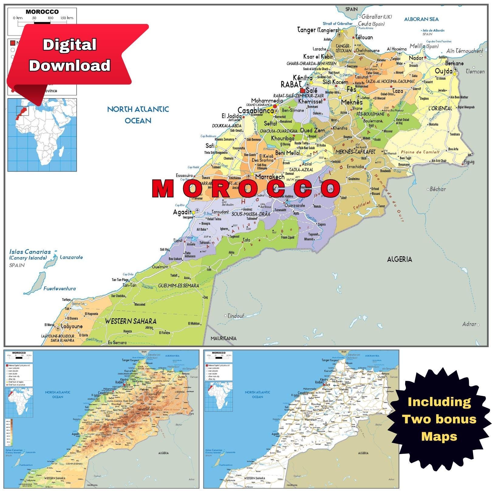 Printable Map of Morocco Political, Topographical & Roads - Etsy