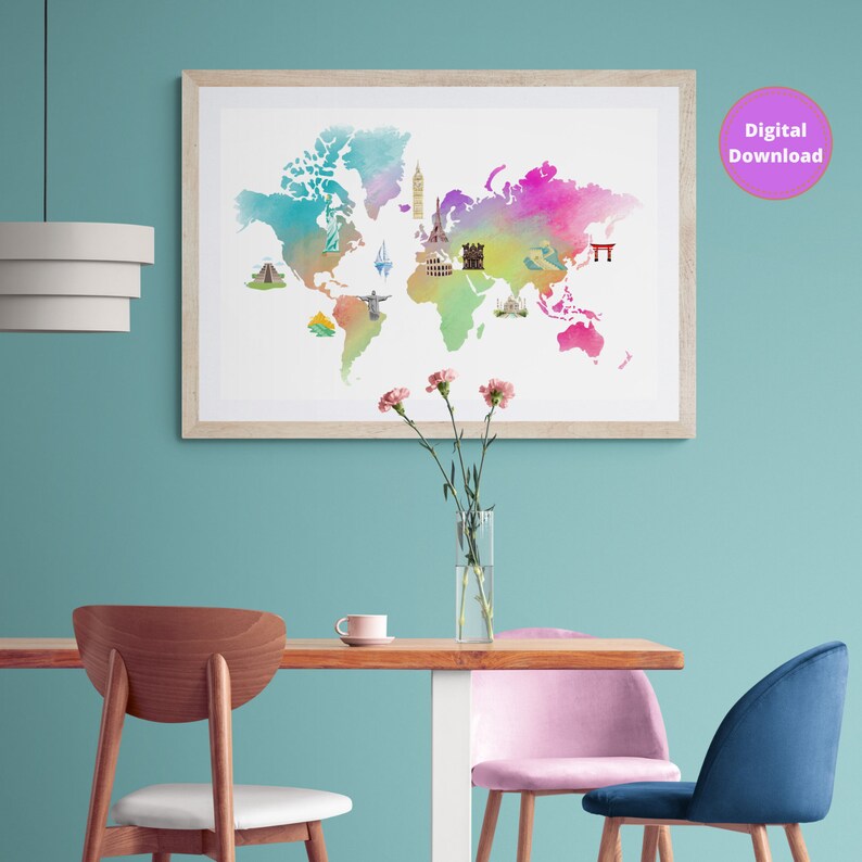 Printable World Map with Iconic monuments, including the Seven Wonders ...