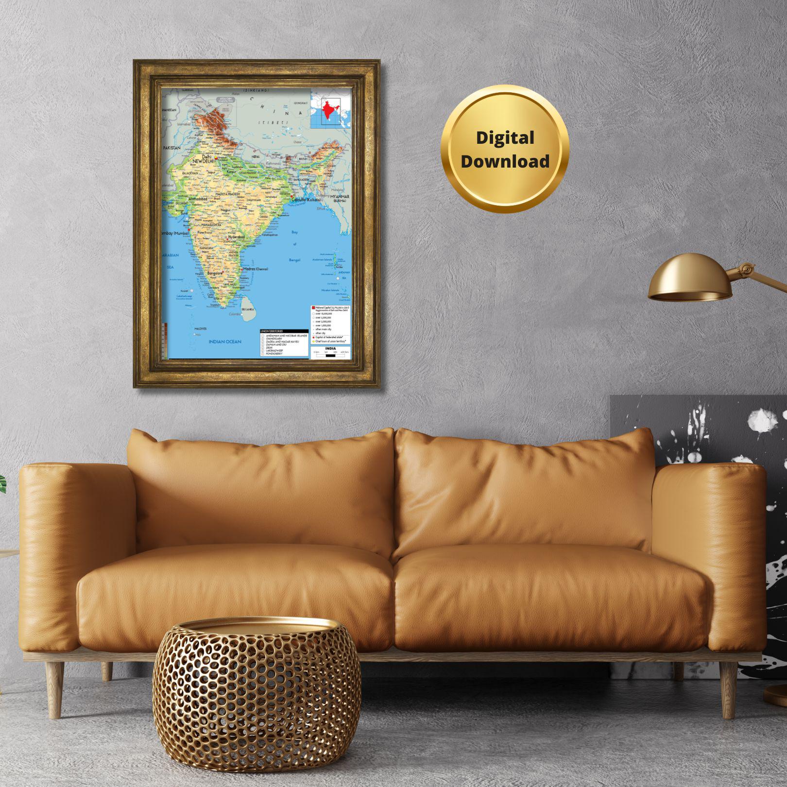 Detailed Printable INDIA Map Political, Topography & Roads A3 Format ...