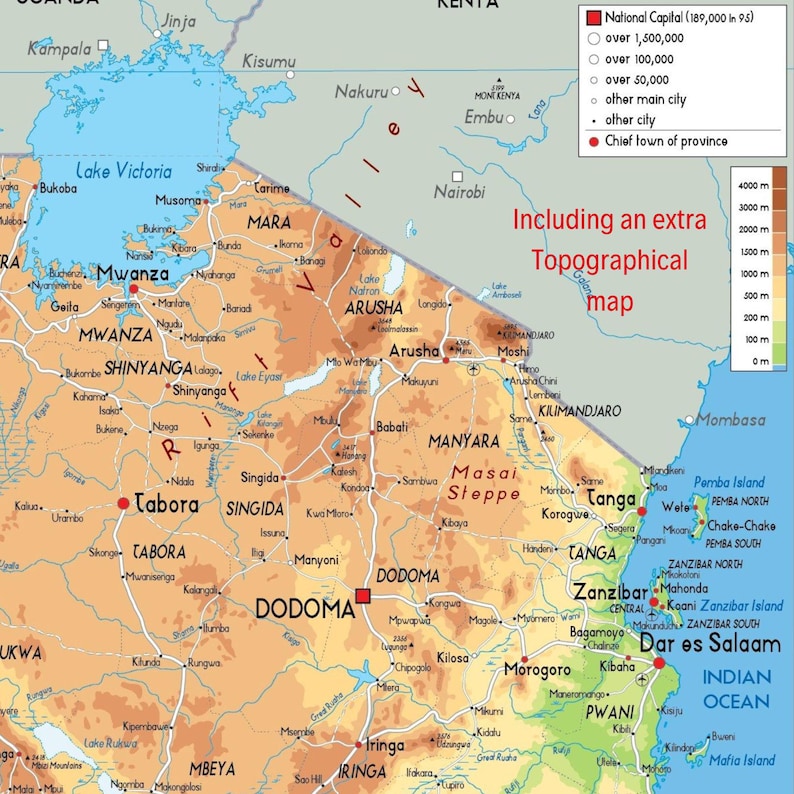 Printable Tanzania Political Map + Topography & Roads - Etsy Australia