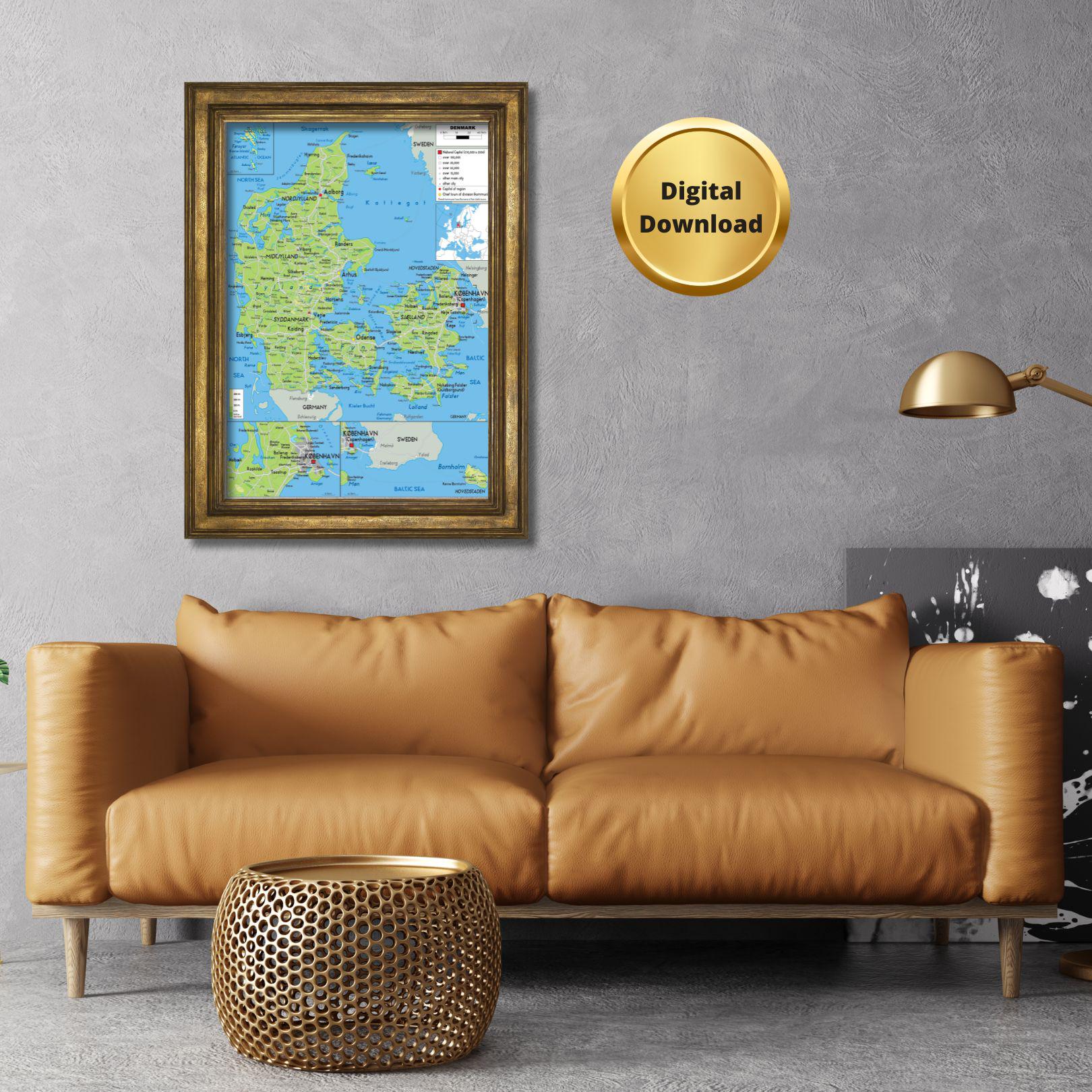 Detailed DENMARK Map Political, Topography & Main Road Digital Download ...