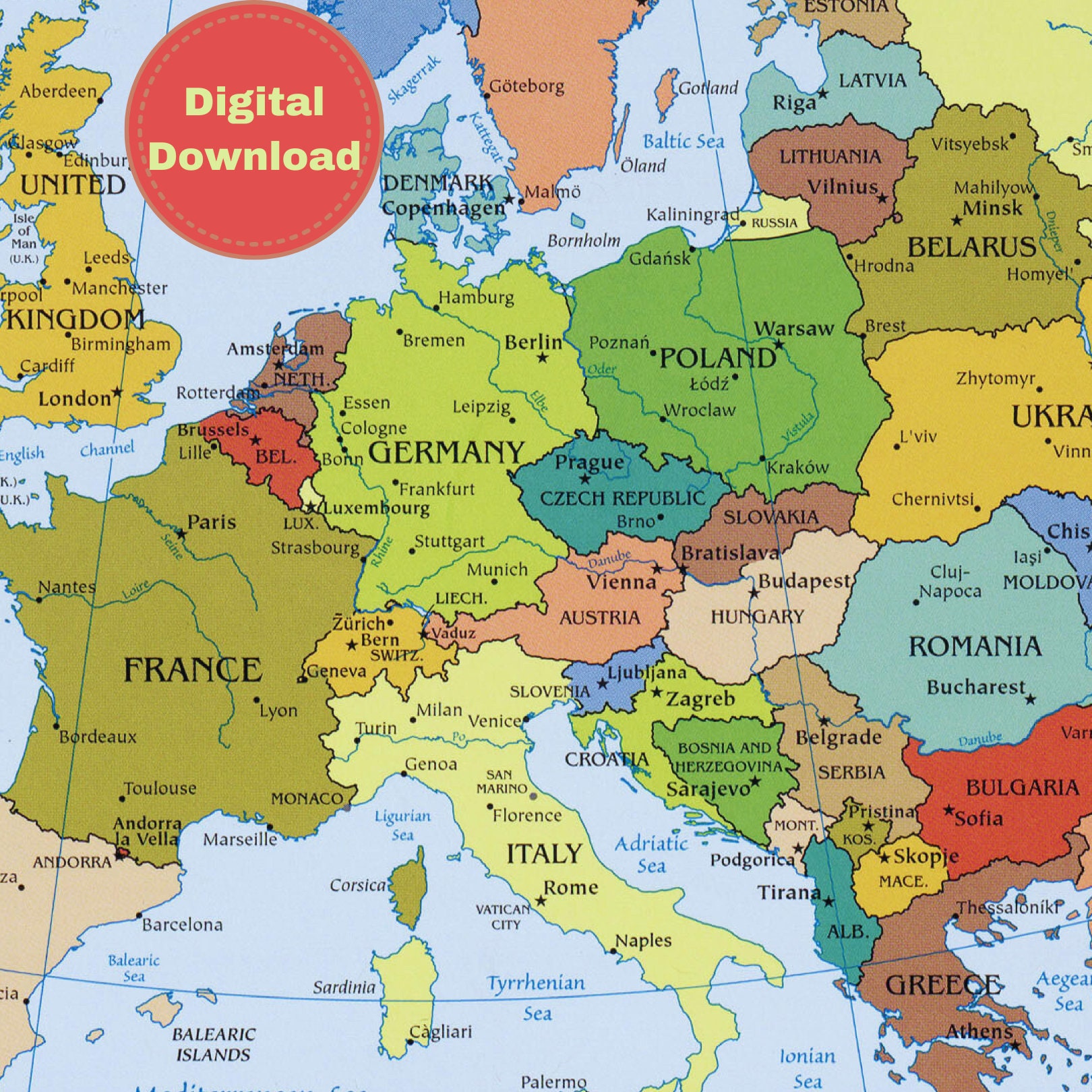 Digital Map of Europe High Quality Resolution, Large Format in Good ...