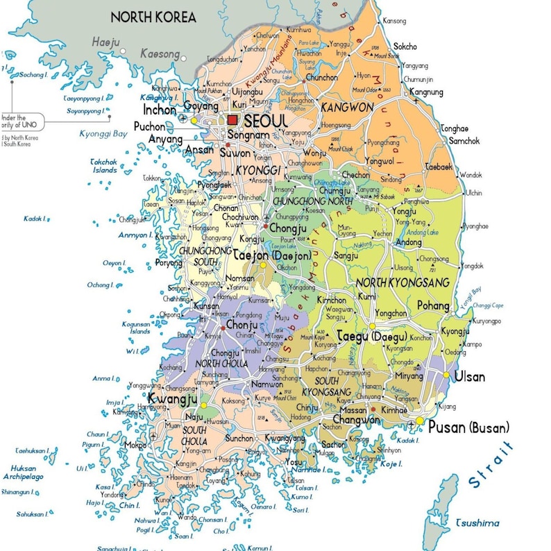 Very Detailed SOUTH KOREA Map Printable Set of 3 Political, Topographic ...