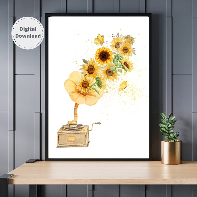 Printable Phonograph and sunflowers wall decor, Vintage Record Player ...