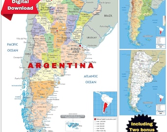 Printable Argentina Maps: Political, Topography & Roads - Etsy