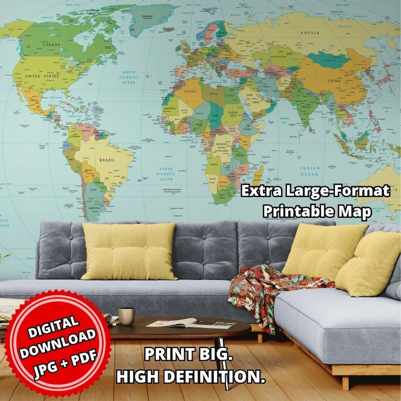 Giant Political World Map Printable | Panoramic Ultra High-resolution ...