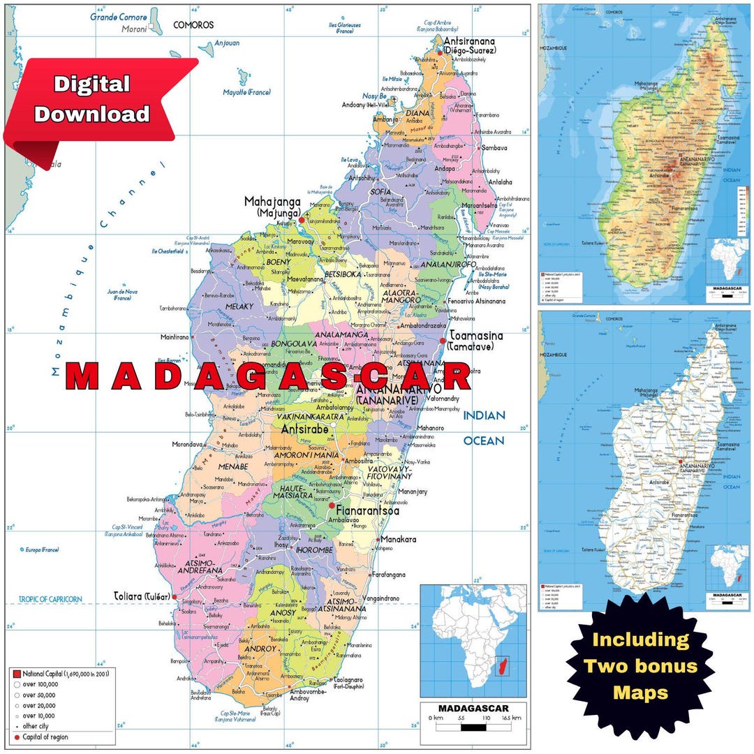 Madagascar Political Map + 2 Bonus: Topography & Roads - Etsy