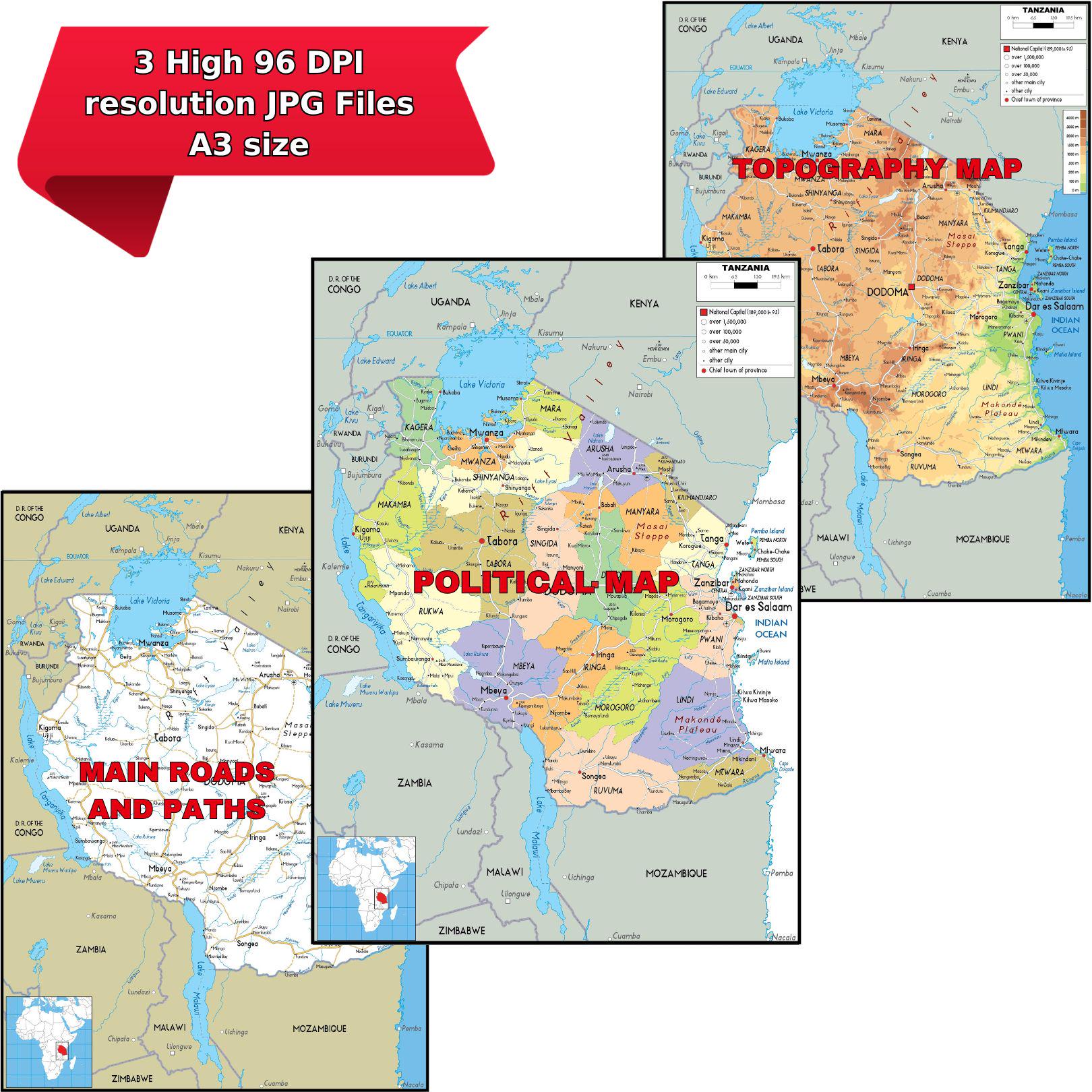 Printable Tanzania Political Map + Topography & Roads - Etsy UK