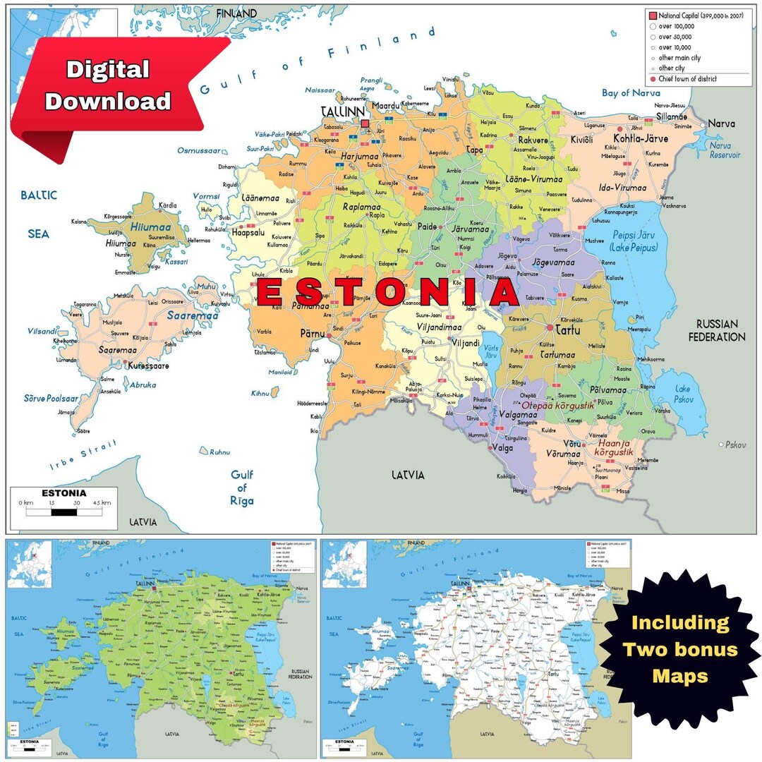 Estonia Map Set Printable: Political, Physical & Road Network - Etsy