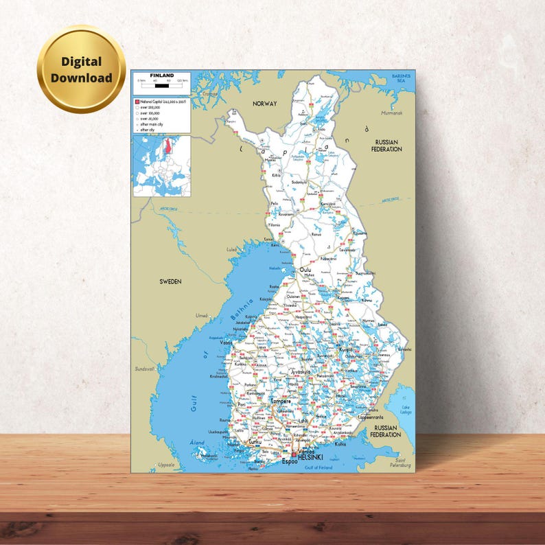 Finland Political Map + Physical & Road (printable A3) - Etsy