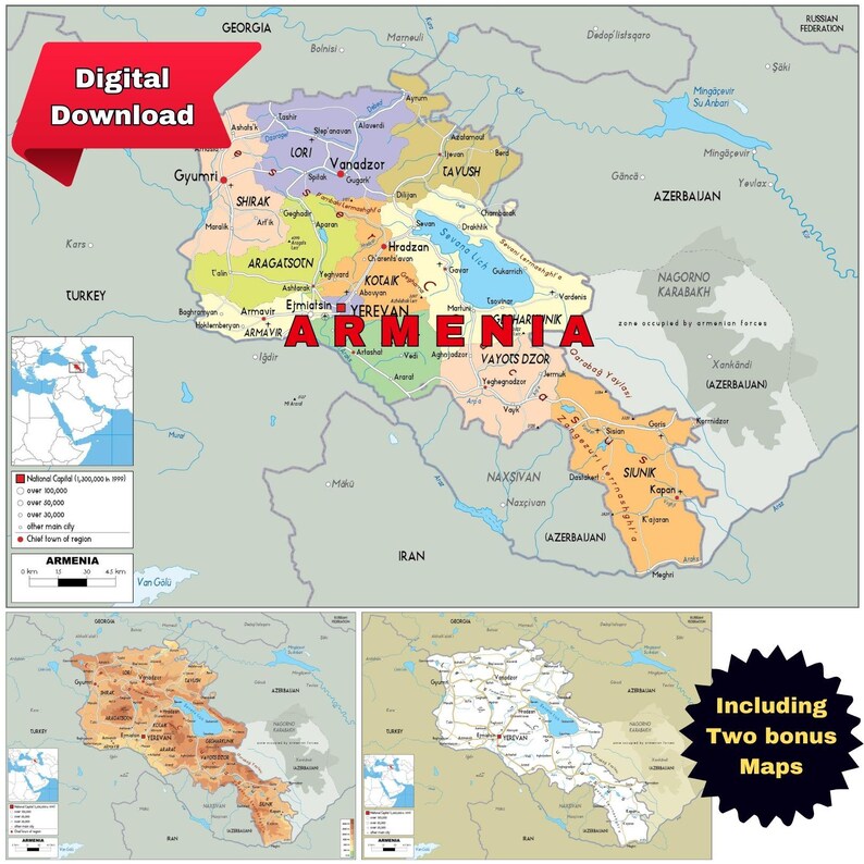 Armenia Map Set: Political, Physical & Road (printable) - Etsy