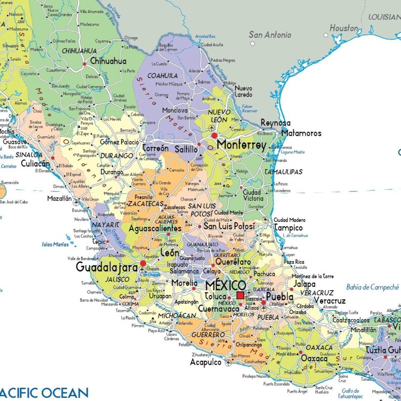 Colorful MEXICO Printable Political Map A3 Digital Download With ...