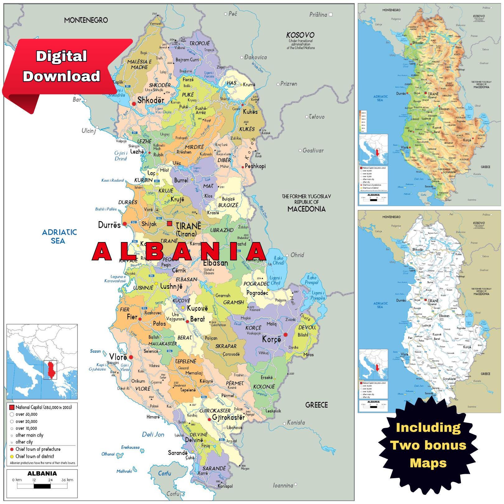 ALBANIA Political Map + Topography & Road (printable) - Etsy UK