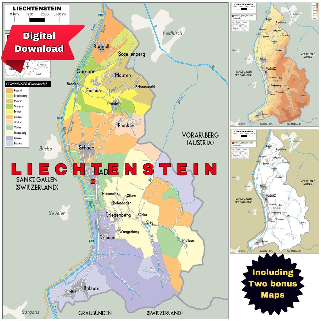 Liechtenstein Map Set Printable: Political, Physical & Road Network ...