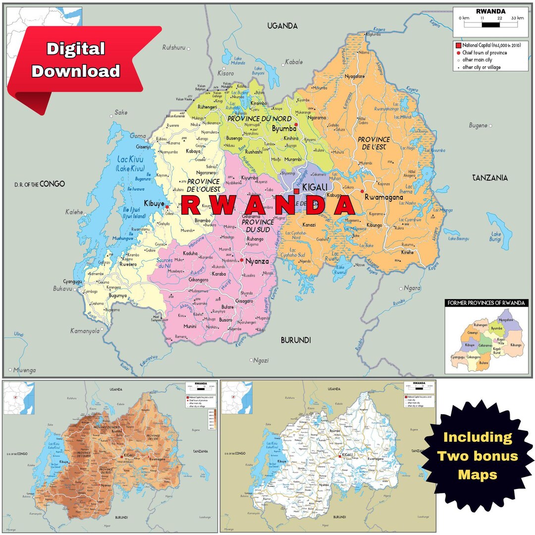 Rwanda Map Set: Political, Physical & Road Network (printable Digital ...
